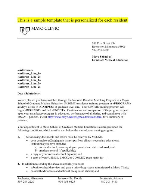 Sample Appointment Letter - Mayo Clinic