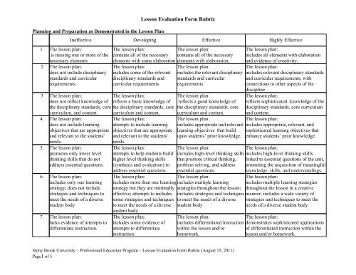 Lesson Evaluation Form Rubric - Stony Brook University