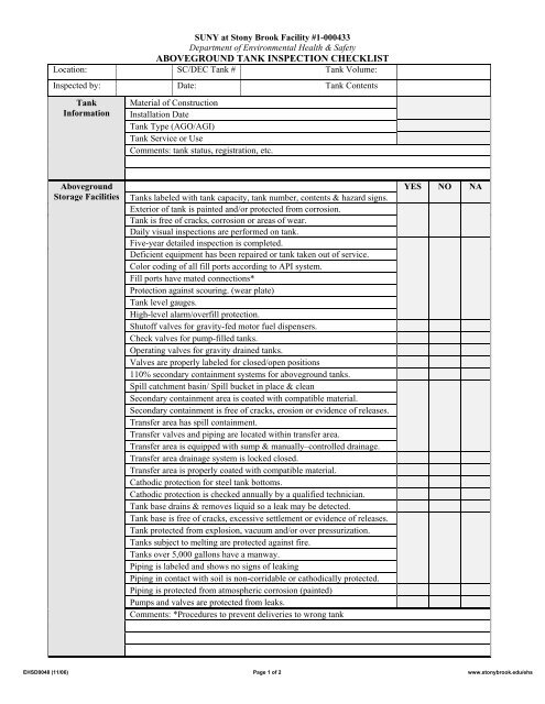 SBU Aboveground Tank Inspection Checklist - Stony Brook University