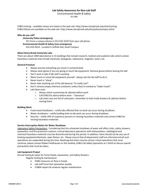 Lab Safety Awareness Handout - Stony Brook University