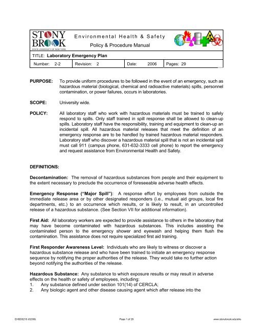 Laboratory Emergency Spill Plan - Stony Brook University