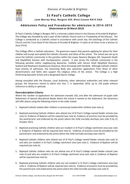Admissions Policy - St Paul's Catholic College