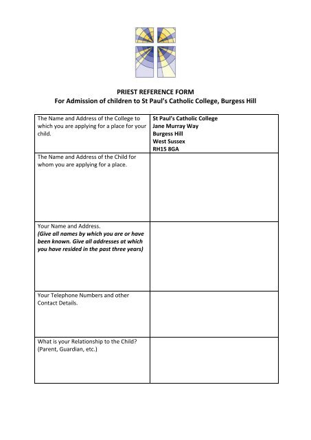 PRIEST REFERENCE FORM For Admission of children to St Paul's ...