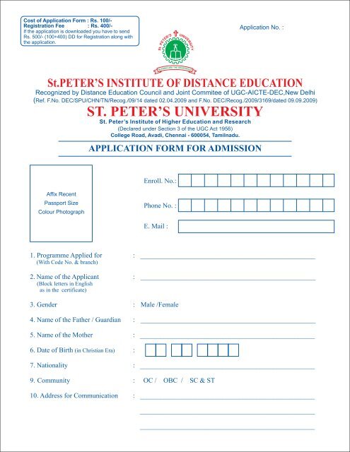 application form for admission - St.Peter's University