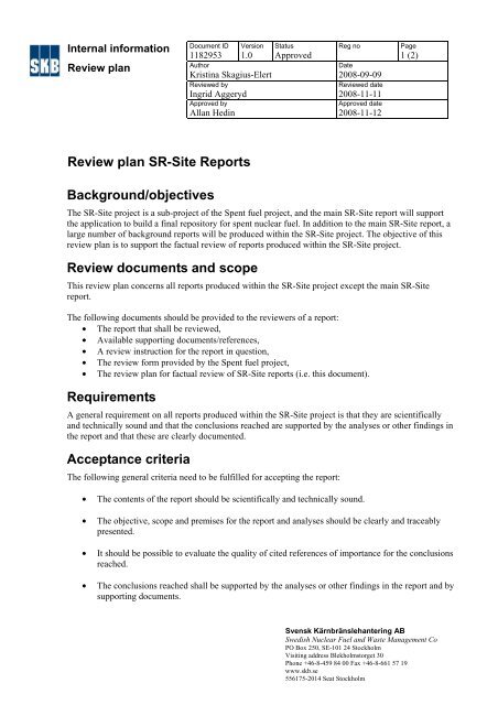 Review plan SR-Site Reports Background/objectives Review ...