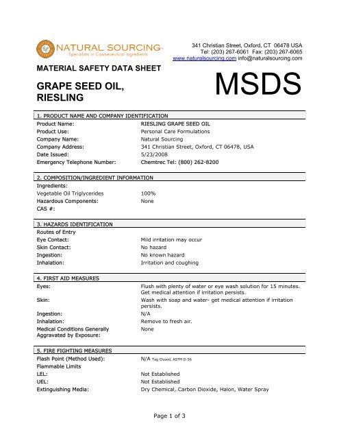 Material Safety Data Sheet - Natural Sourcing, LLC