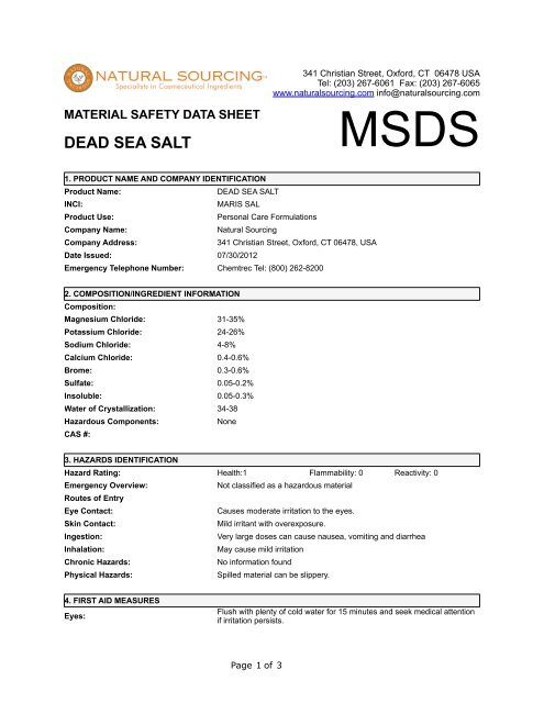 (MSDS) Dead Sea Salt - Natural Sourcing, LLC