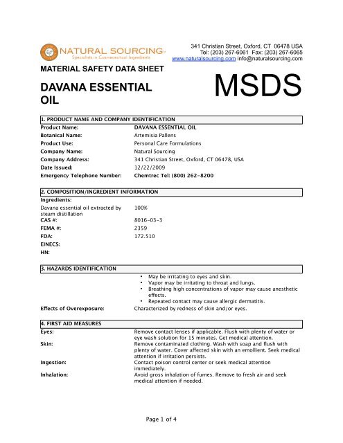 (MSDS) Essential Oil Davana - Natural Sourcing, LLC