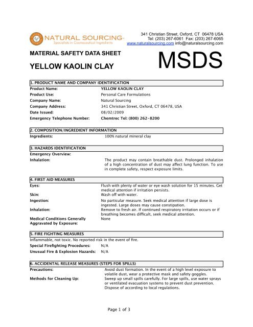(MSDS) Kaolin Clay, Yellow - Natural Sourcing, LLC