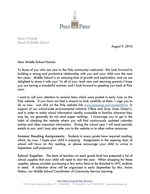 Middle School Head Nancy Posner Summer Letter to Parents