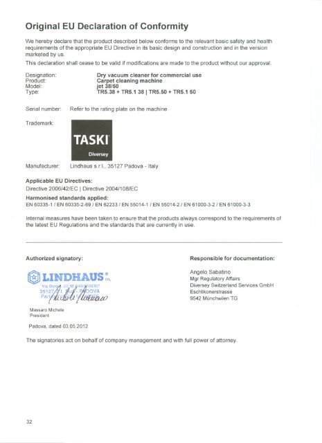 Original EU Declaration of Conformity - Diversey - E-Spares