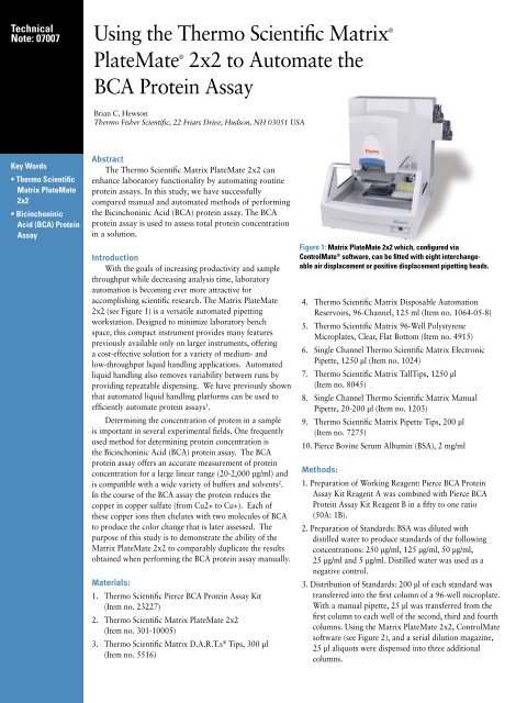Using the Matrix PlateMate 2x2 to Automate the BCA Protein Assay