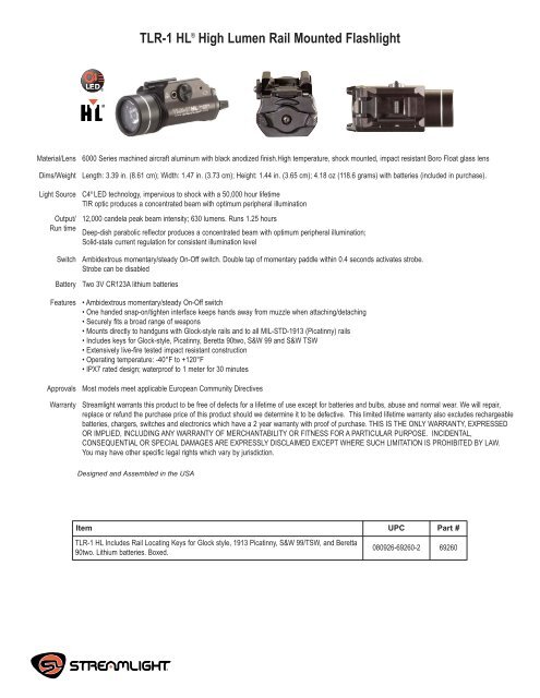 TLR-1 HL Info Sheet with Part Numbers - Streamlight