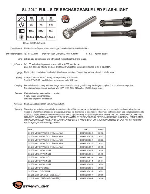 SL-20L Info Sheet with Part Numbers - Streamlight