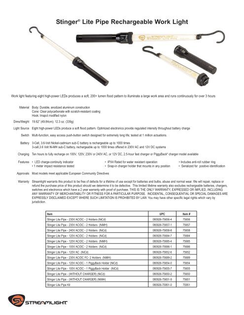 Stinger Lite Pipe Info Sheet with Part Numbers - Streamlight