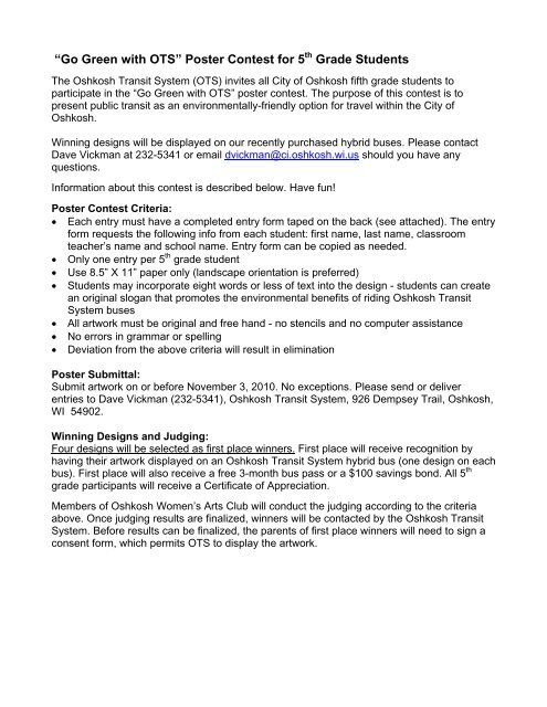 “Go Green with OTS” Poster Contest for 5 Grade ... - City of Oshkosh