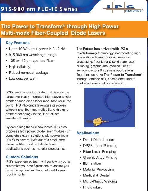 915-980 nm PLD-10 Series The Power to Transform ... - IPG Photonics