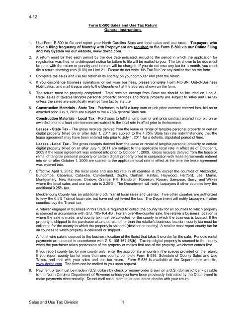 Sales and Use Tax Form E-500 Instructions - Streamlined sales tax