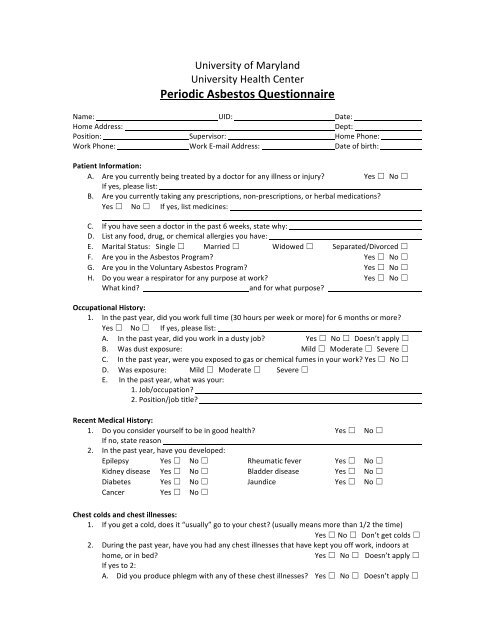 Periodic Asbestos Questionnaire - University Health Center ...