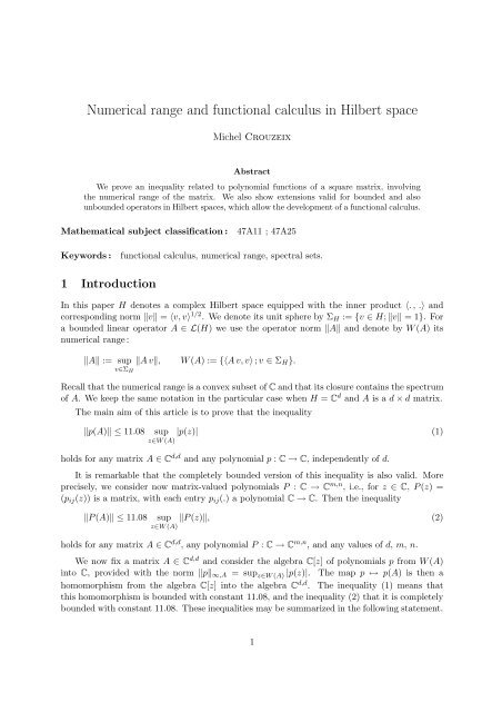 Numerical range and functional calculus in Hilbert space