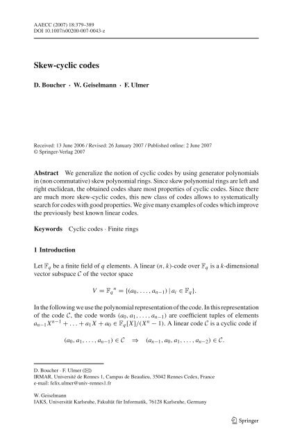 Skew-cyclic codes - Université de Rennes 1 Skew-cyclic codes - Université de Rennes 1