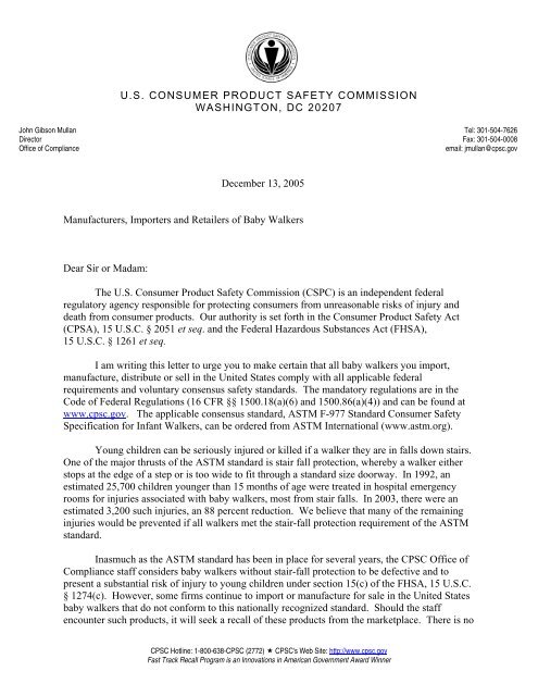 Baby Walker Letter (December 2005) - CPSC