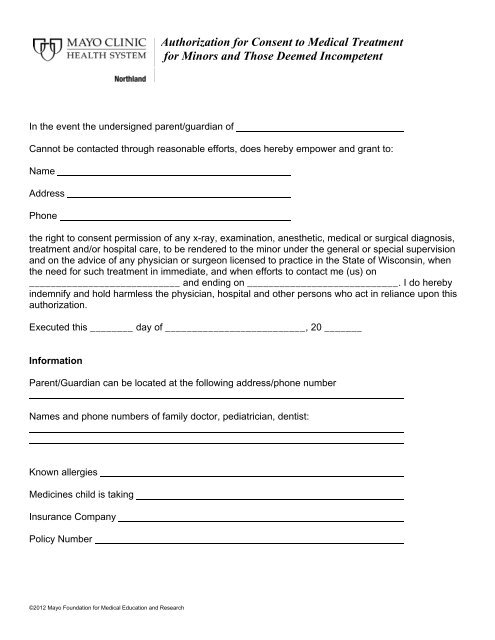 Authorization for Consent to Medical Treatment for Minors and ...