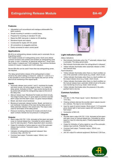 Extinguishing release module BA-40, datasheet - Autronica Fire and ...