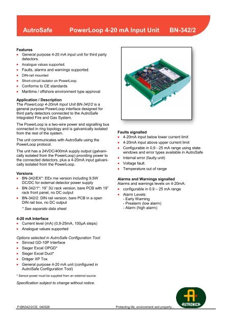 AutroSafe PowerLoop 4-20 mA Input Unit BN-342/2 - Autronica Fire ...
