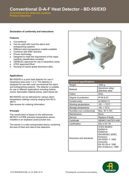 Conventional D-A-F Heat Detector - BD-55/EXD - Autronica Fire and ...