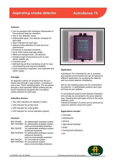 Aspirating smoke detector AutroSense 75 - Autronica Fire and Security