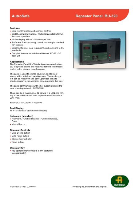 AutroSafe Repeater Panel, BU-320 - Autronica English - Autronica ...
