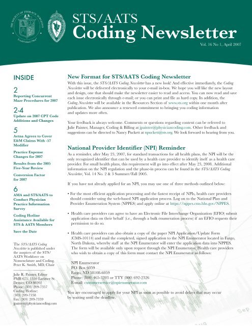 STS/AATS Coding Newsletter - The Society of Thoracic Surgeons