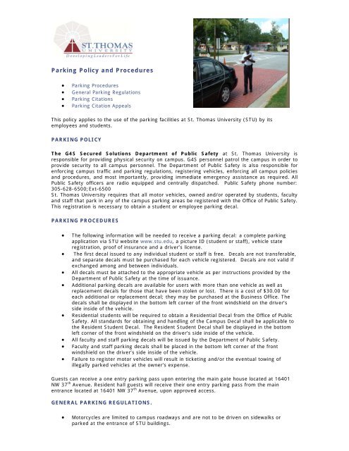 Parking Policy and Procedures â ¢ - St. Thomas University
