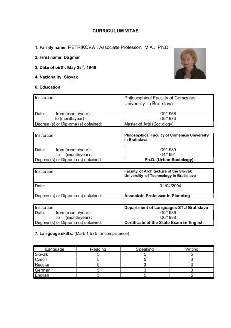 CURRICULUM VITAE 1. Family name: PETRÃ KOVÃ , Associate ...