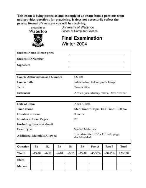 Final Examination Winter 2004 - Student.cs.uwaterloo.ca - University ...