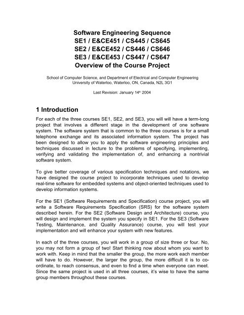 Software Engineering Sequence SE1 / E& / CS445 / CS645 ...