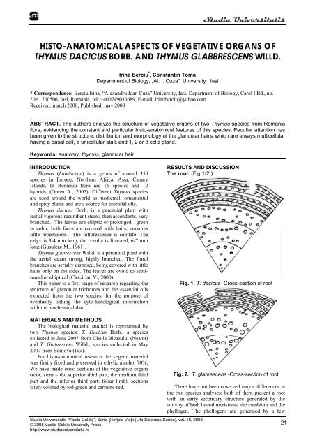 histo-anatomical aspects of vegetative organs of thymus dacicus ...