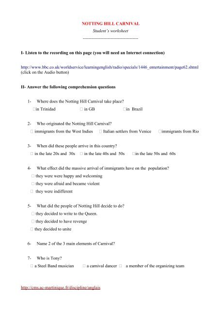 NOTTING HILL CARNIVAL Student's worksheet ...