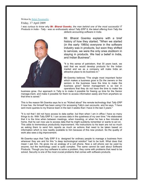 Friday, 17 April 2009 Mr. Bharat Goenka explains with a brief ... - Tally