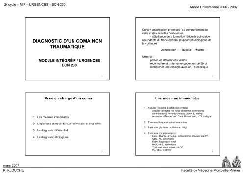 DIAGNOSTIC D'UN COMA NON TRAUMATIQUE - Faculté de ...