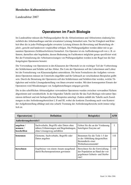 Operatoren Biologie Hessen