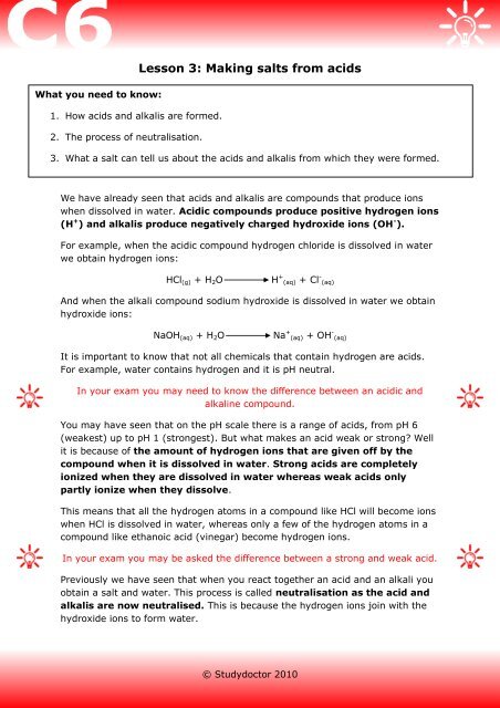Producing salts worksheet - Lesson 1