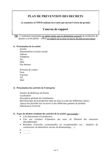 Canevas de rapport sur la mise en oeuvre du plan de prÃ©vention ...