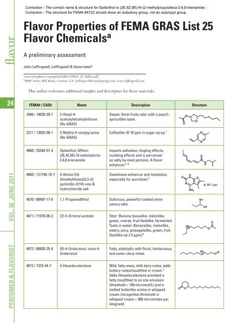 Flavor Properties of FEMA GRAS List 25 Flavor Chemicals flavor
