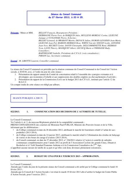 Compte-rendu de la séance du Conseil Municipal du 15 février 2013