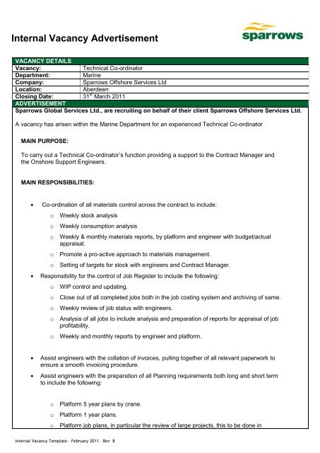 Internal Vacancy Advertisement - Sparrows