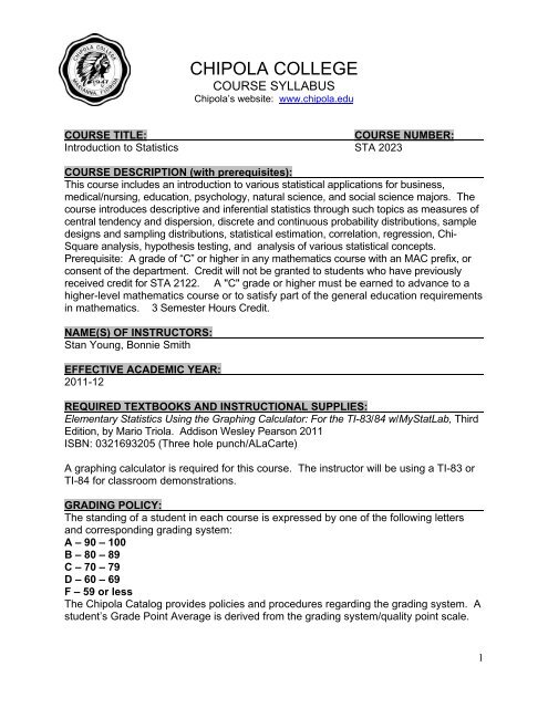 STA 2023 - Intro to Statistics - Chipola College