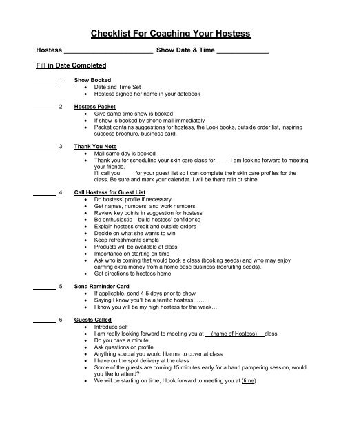 Checklist For Coaching Your Hostess - MyUnitSite.com