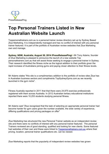 Top Personal Trainers Listed in New Australian Website Launch